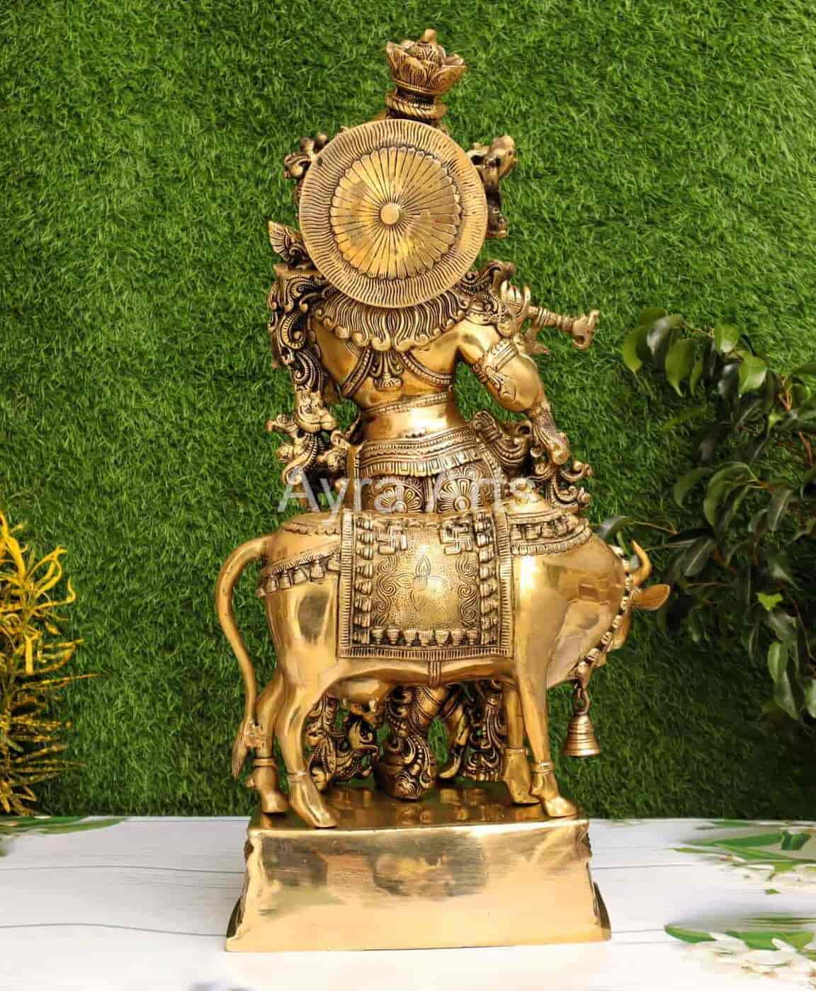 Pure Brass Lord Krishna with Holy Cow Statue - 27 Inch Height