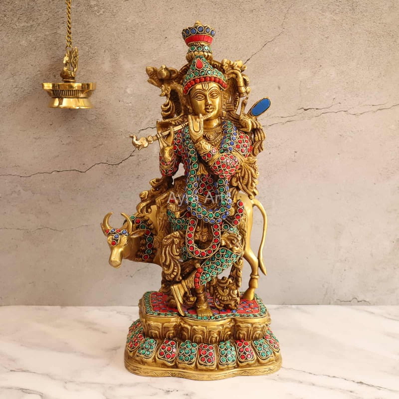 Divine Cow Krishna Stone Work in Brass - 17 Inch Height