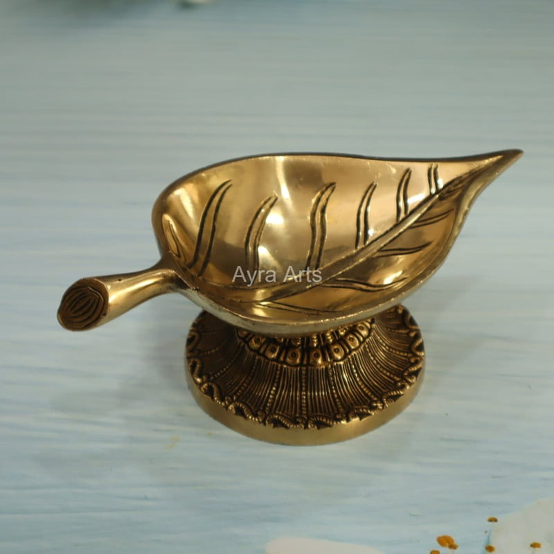 Leaf Shaped Diya in Pure Brass - 7 inch Length