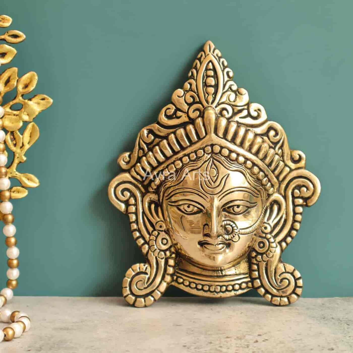 Brass Goddess Durga Mata Face Wall Handing Mount - 7 Inch Height