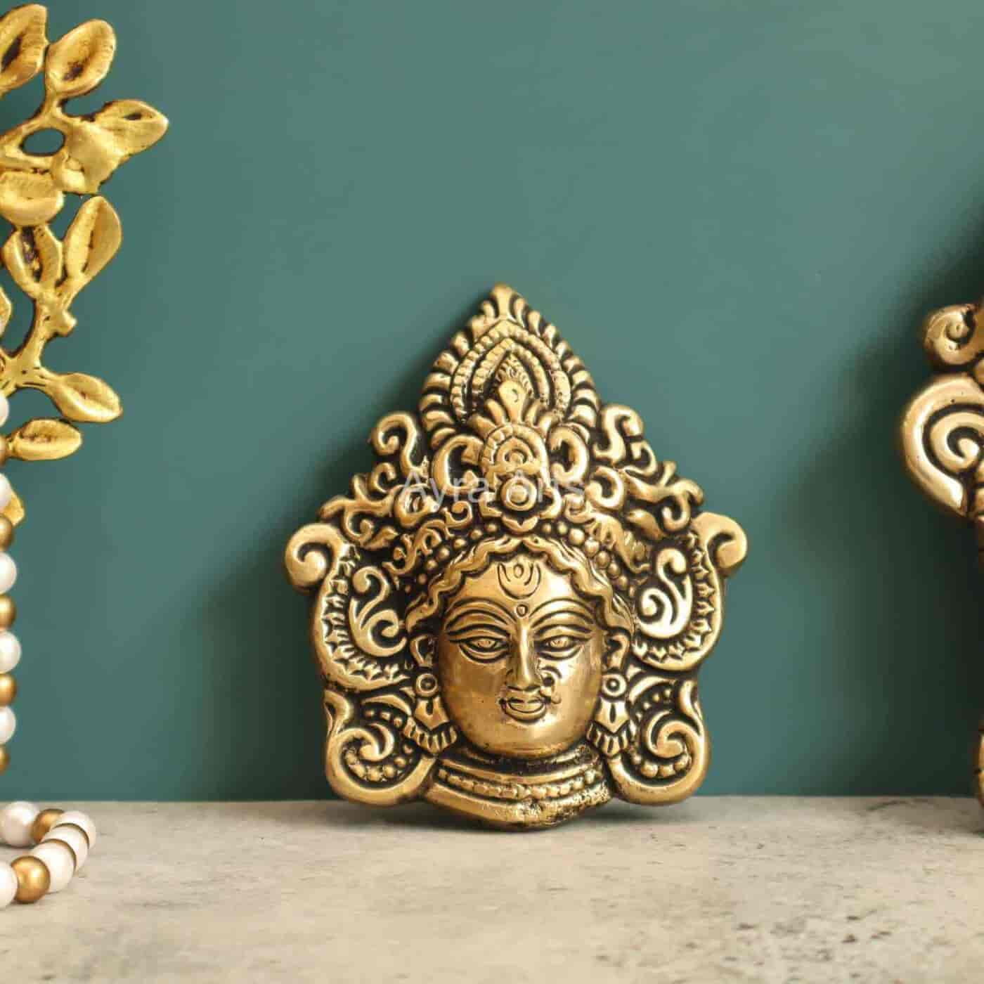 Brass Goddess Durga Mata Face Wall Handing Mount - 4 Inch Height