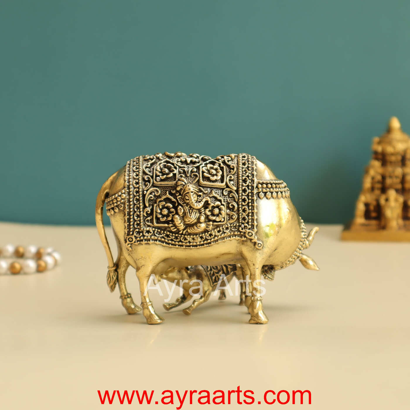 Premium Brass Kamdhenu Gomatha Vigaraha Cow And Calf Idol for Pooja and ...