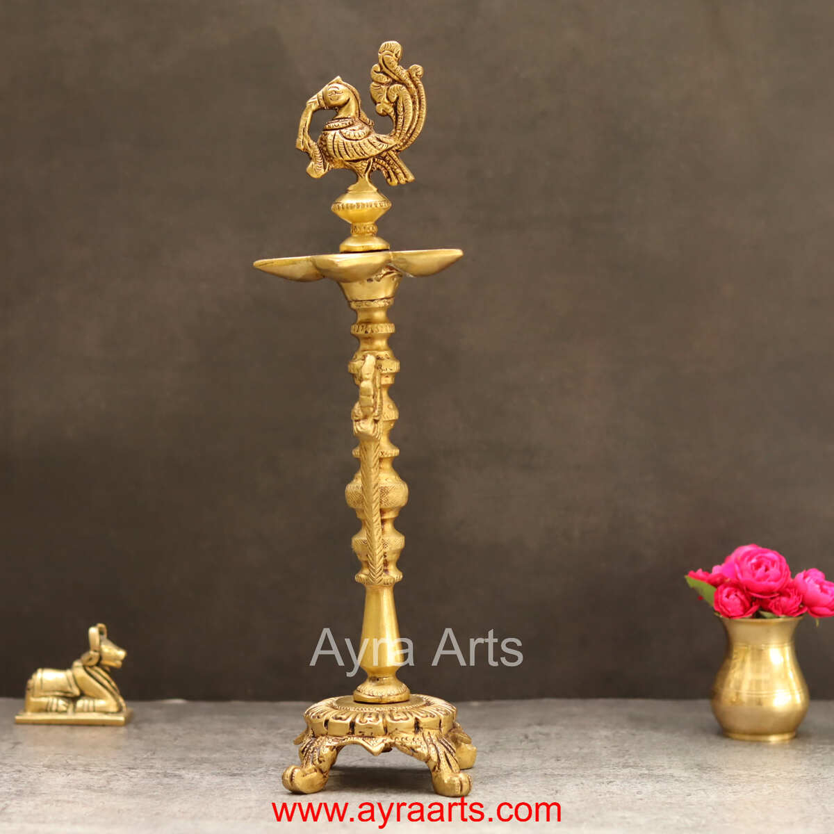 Brass Peacock Five Wick Diya Intricately Carved Oil Lamp for Home ...